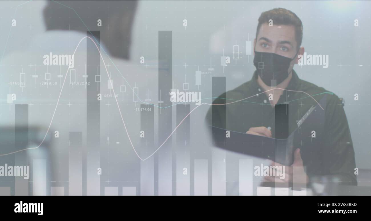 Image of statistics processing over business people wearing face masks ...