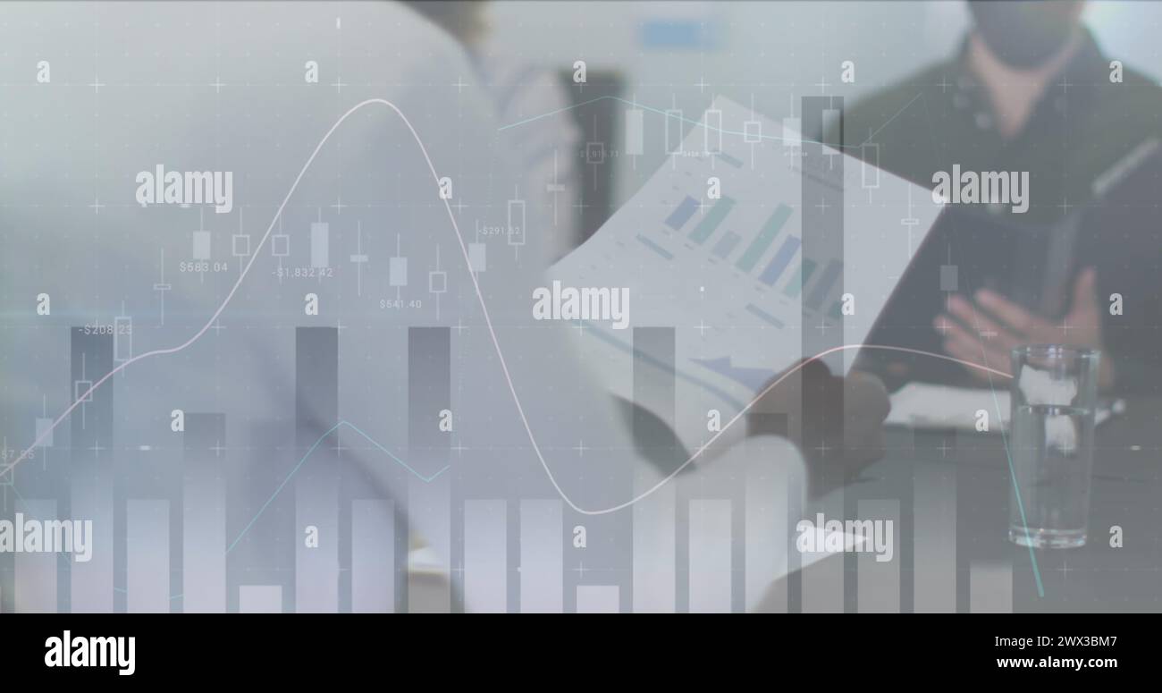 Image of statistics processing over business people wearing face masks ...