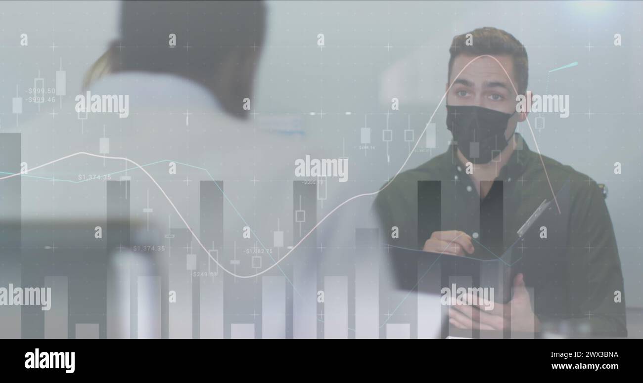 Image of statistics processing over business people wearing face masks ...