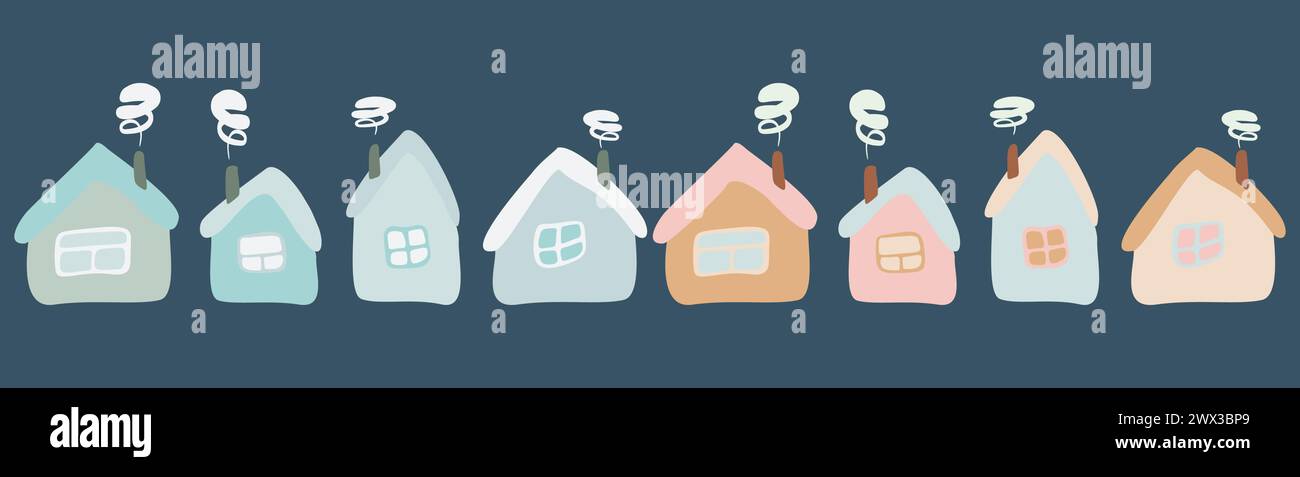 Child Drawing Doodle Set of Crooked Houses on Dark background. Hand ...