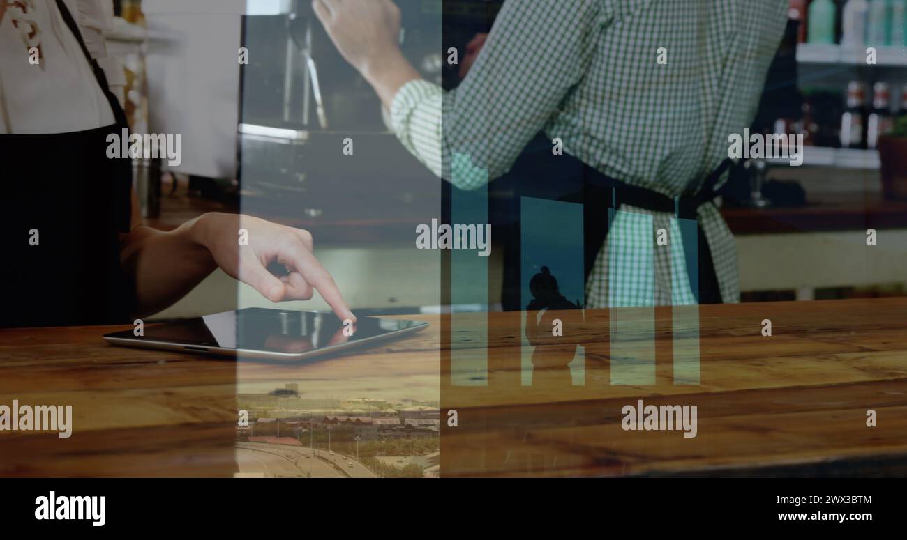 Image of person in the office over people in cafeteria. global business ...