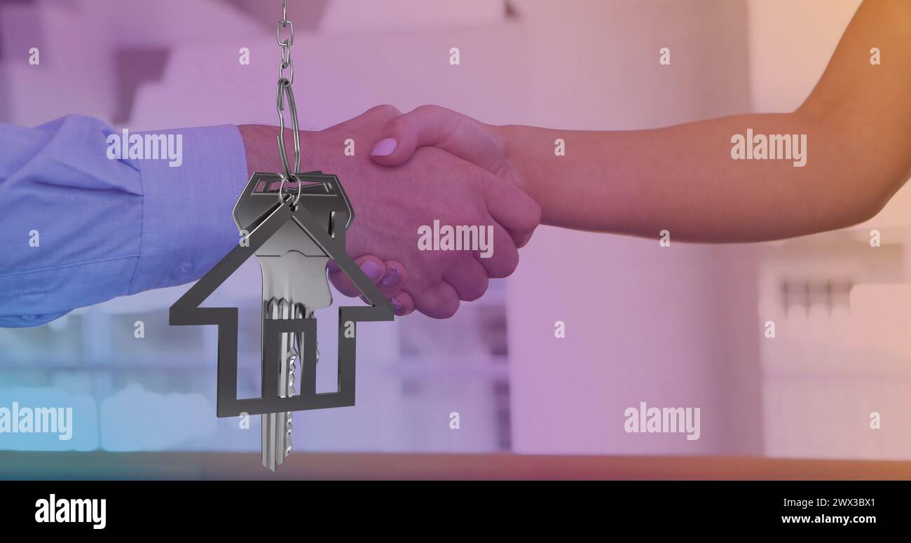 Image of keys and house icon over diverse people shaking hands ...