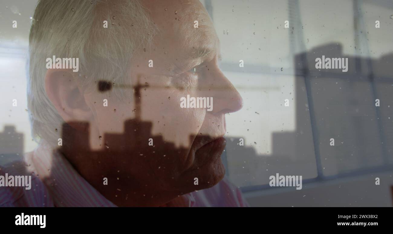 Image of cityscape over sad senior caucasian man. mental health ...