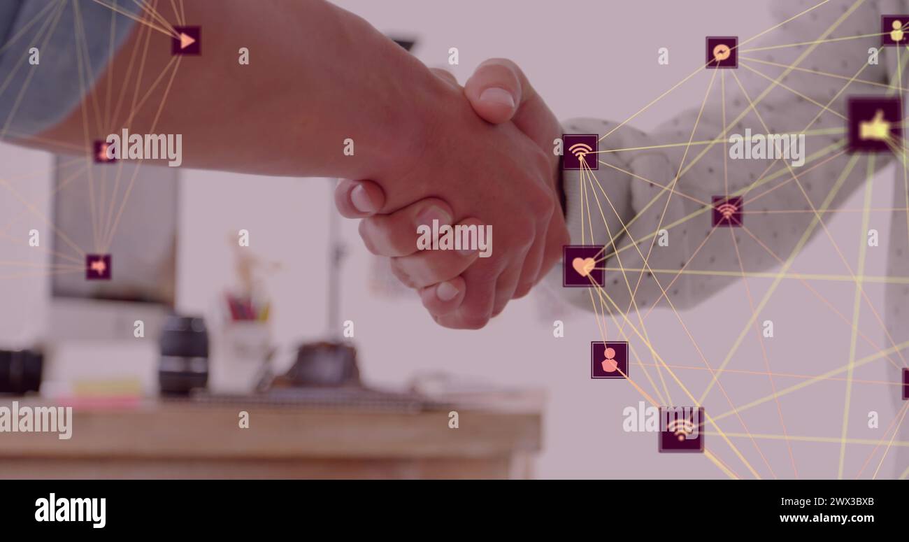 Image of network of connections with icons over diverse business people ...