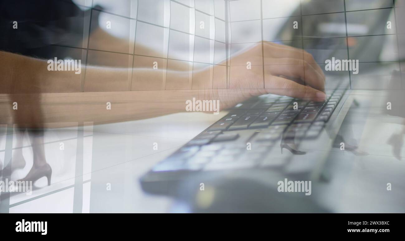 Image of walking people over woman using computer. global business ...