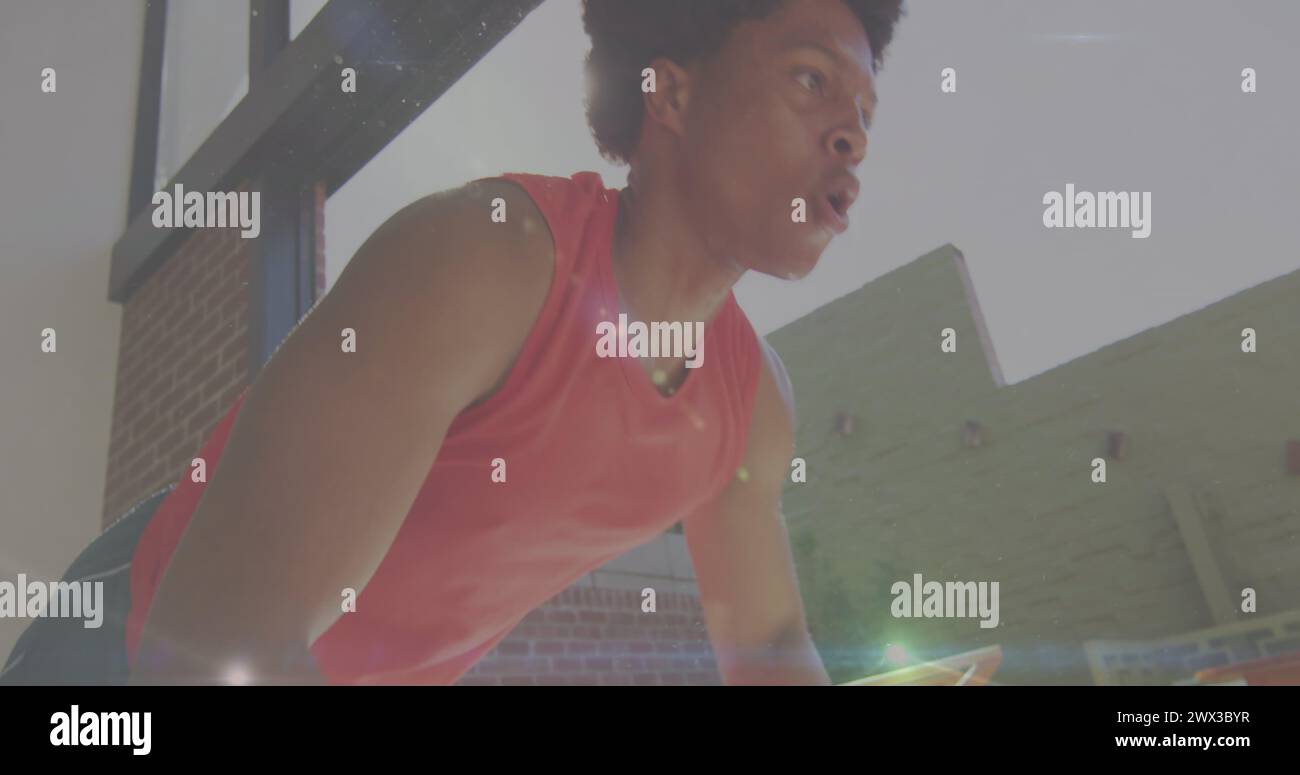 Image of network of connections over african american fit man ...