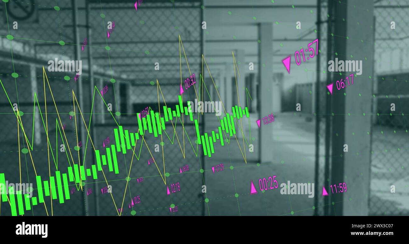 Image of financial graphs and globe over empty hall. Global finance ...