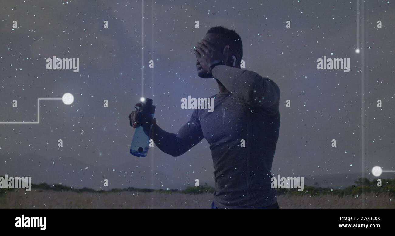 Image of connecting dots over african american fit man pouring water on ...