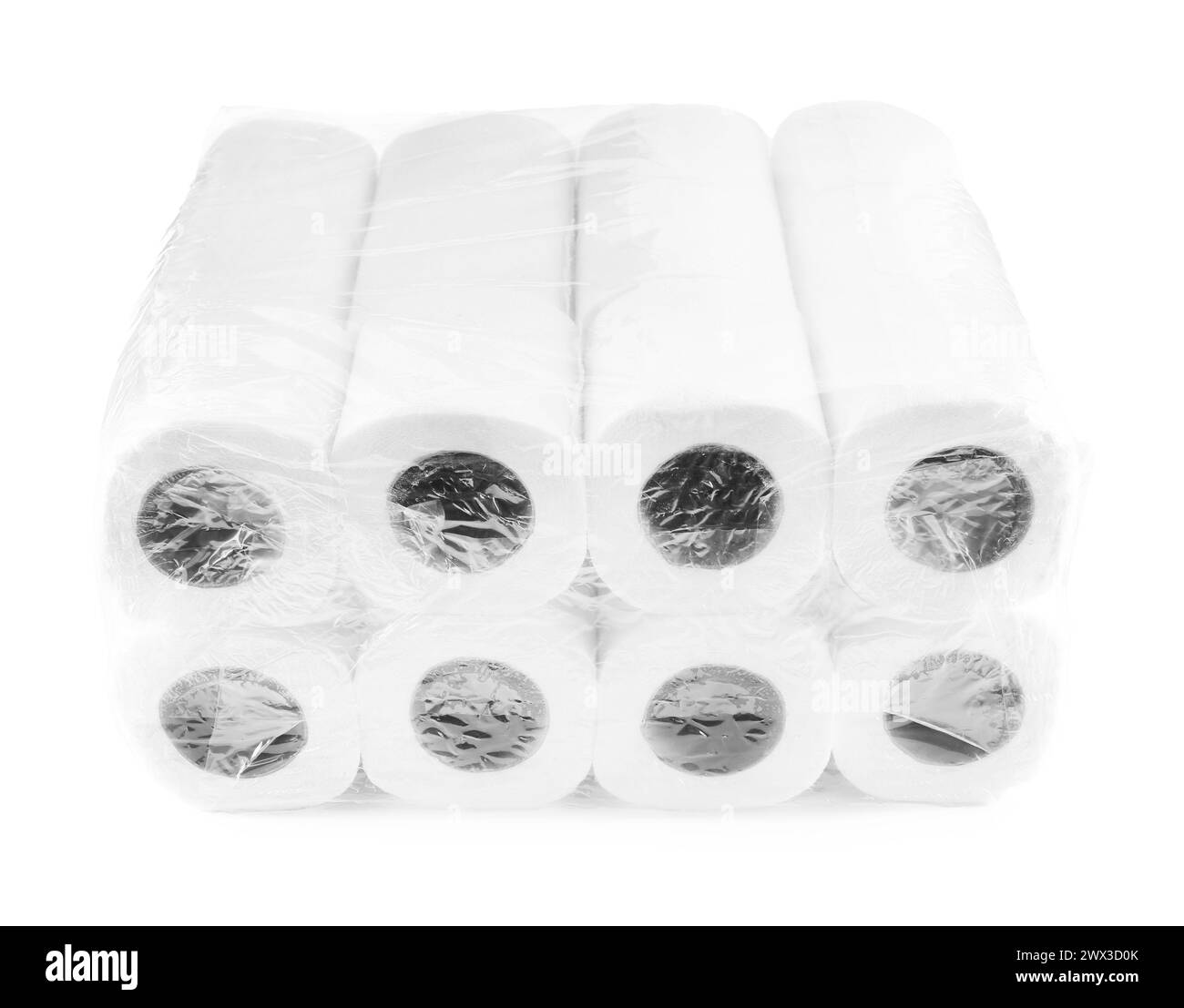 Package with many soft toilet paper rolls isolated on white Stock Photo ...