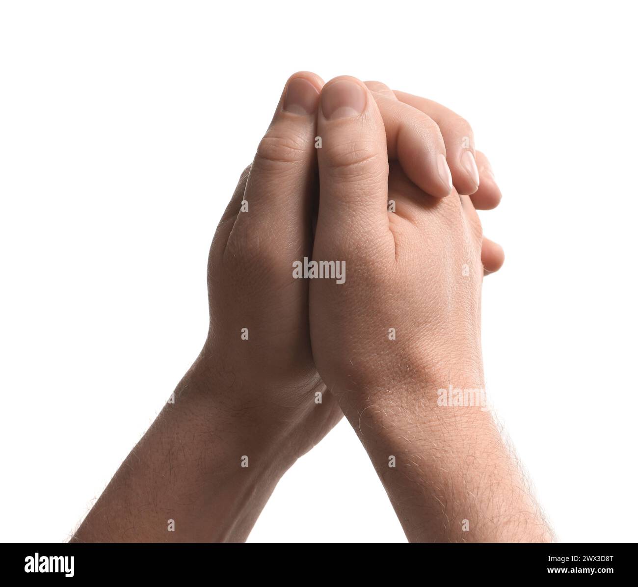 Religion. Christian man praying on white background, closeup Stock ...