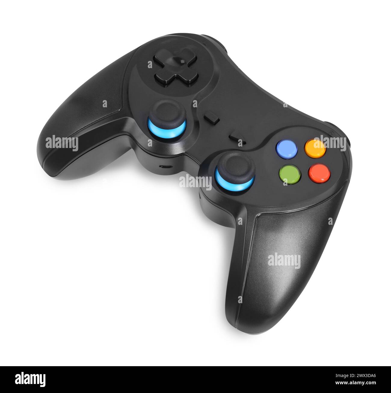Black wireless controller on white background. Video game device Stock ...