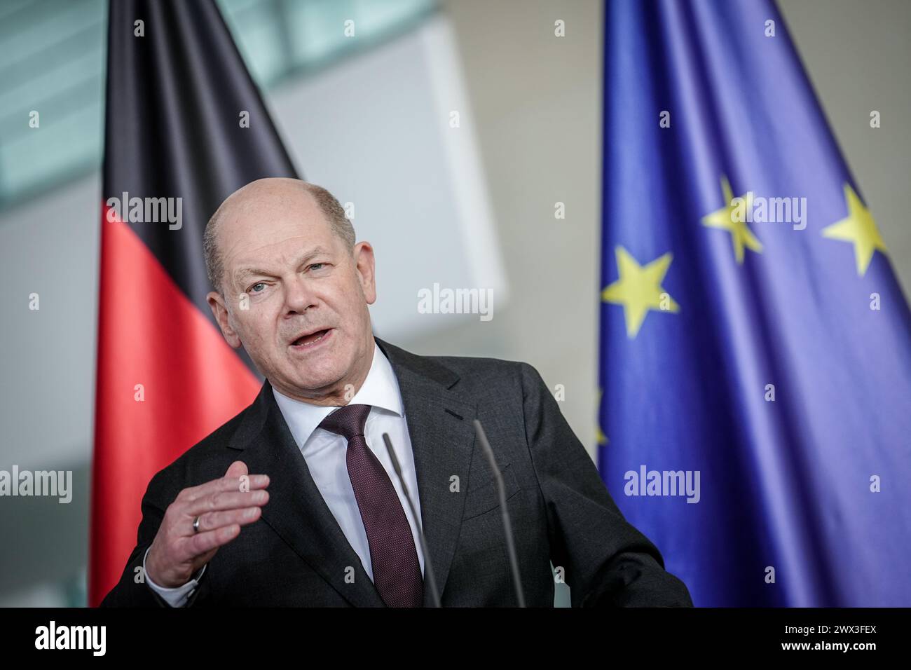 Berlin, Germany. 27th Mar, 2024. Federal Chancellor Olaf Scholz gives a ...