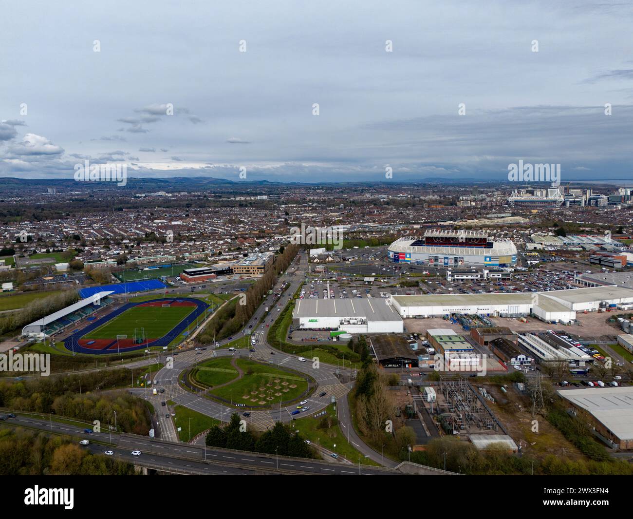 Cardiff, UK. 26th March 2024. Aerial view of The Cardiff City Stadium ...