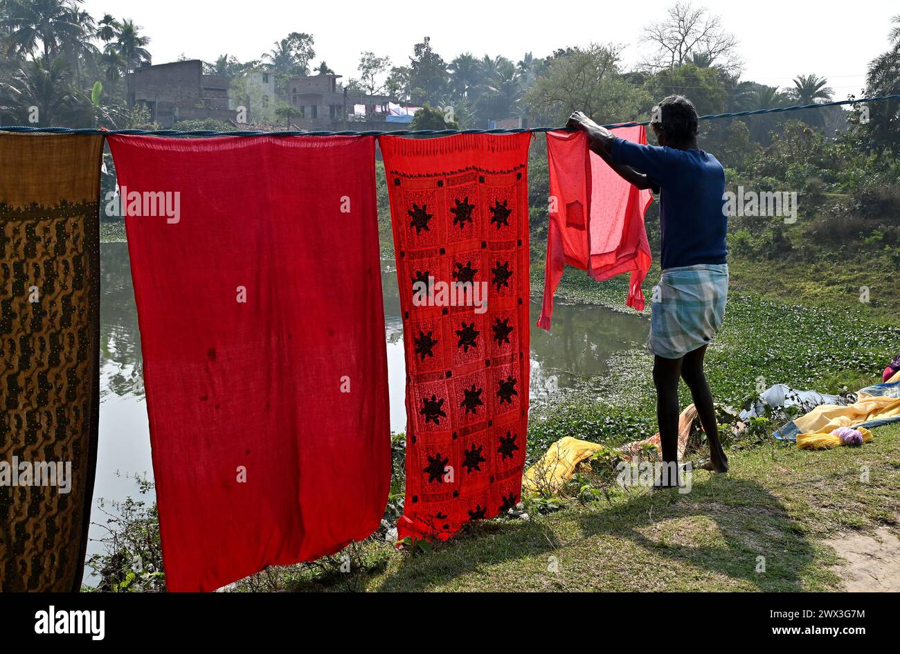 The washer man washes laundry clothes in a small pond area at Nadia ...