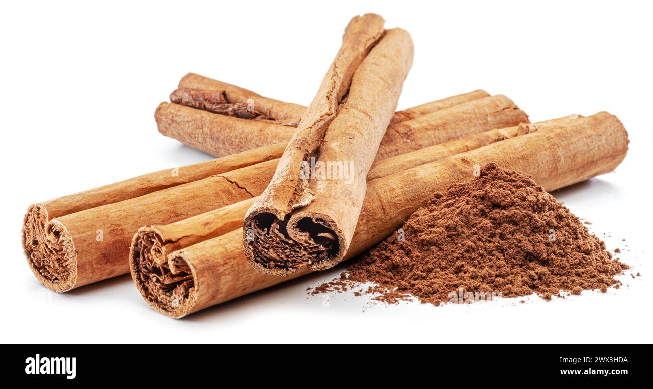 Cinnamon dried bark strips and cinnamon powder, sweet-smelling brown ...