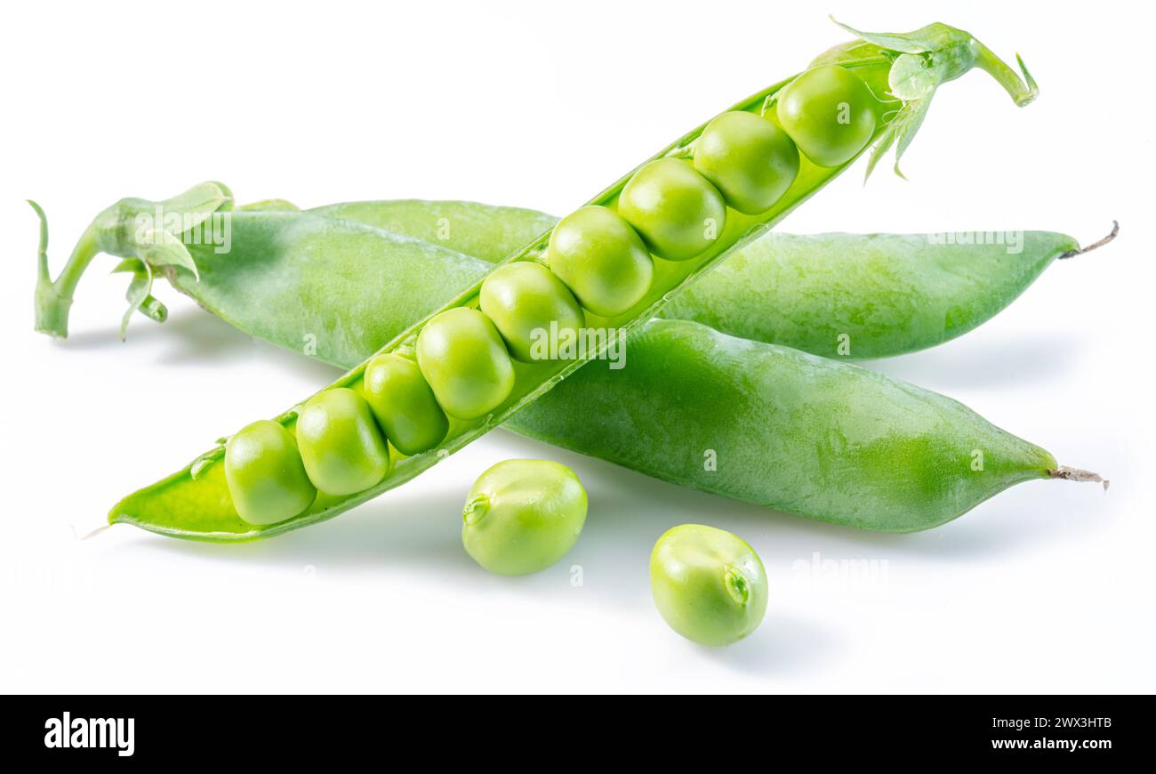 Opened ripe pea pods isolated on white background Stock Photo - Alamy