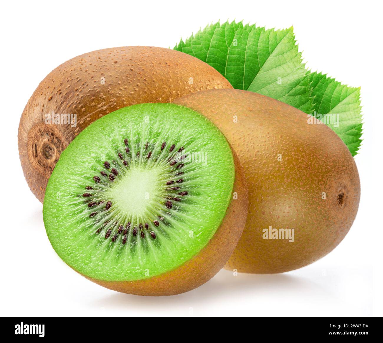 Kiwi fruit and cross cut of kiwi, kiwi green leaves isolated on white ...