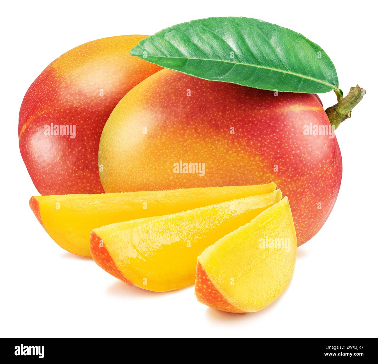 Mango fruits with green leaf and mango slices isolated on white ...