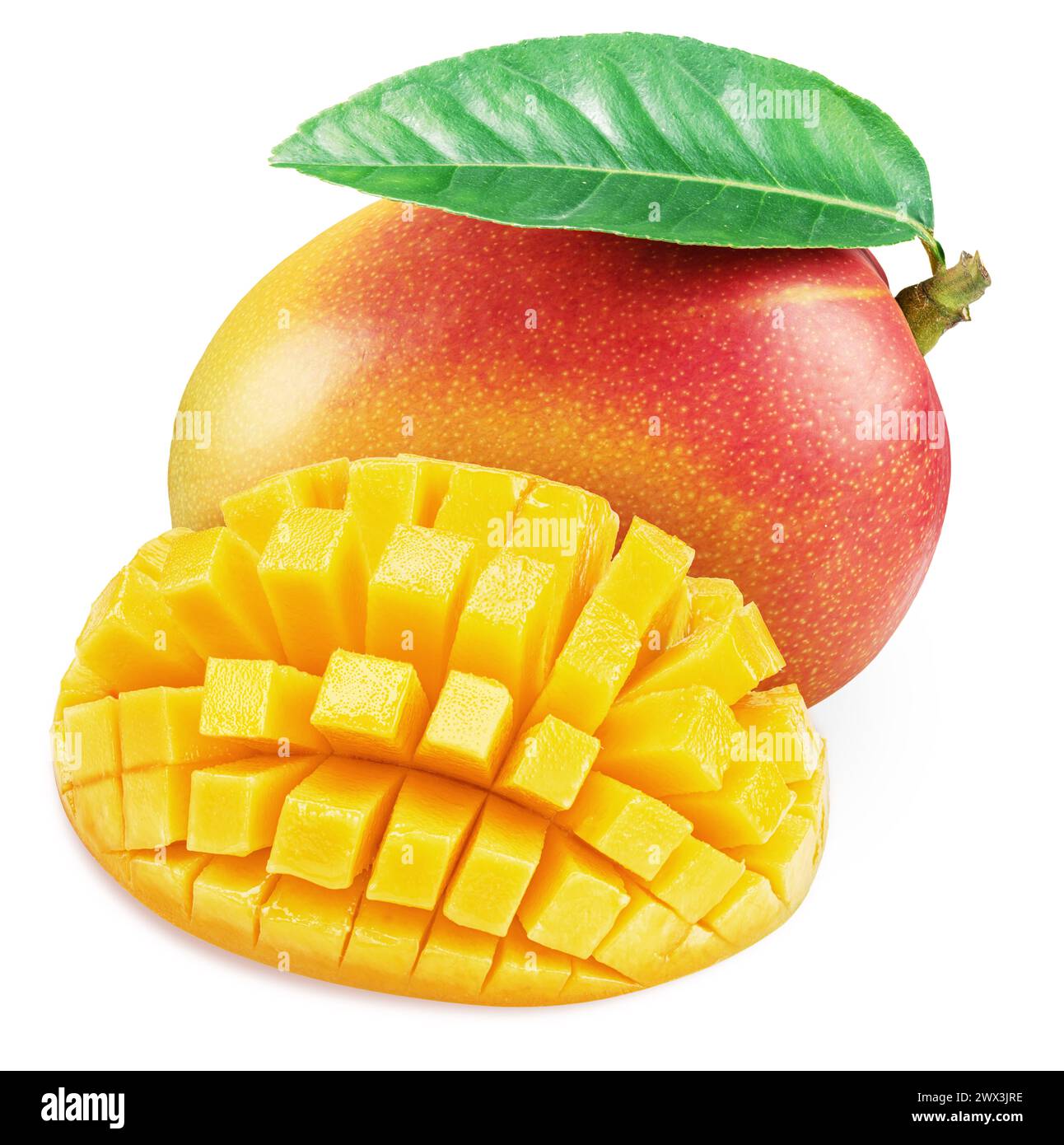 Mango fruit with green leaf and mango cut in hedgehog style isolated on ...
