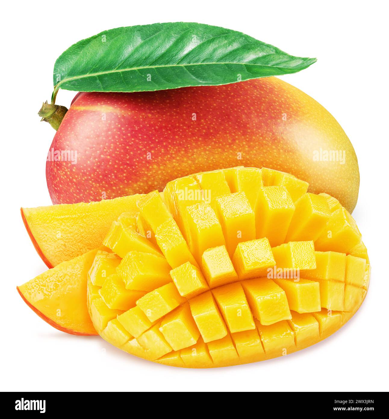 Mango fruit with green leaf and mango cut in hedgehog style isolated on ...