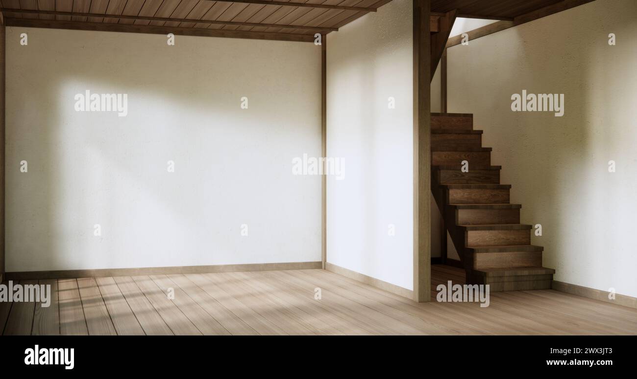 stairs wooden in muji room with white wall with wood wall design Stock ...