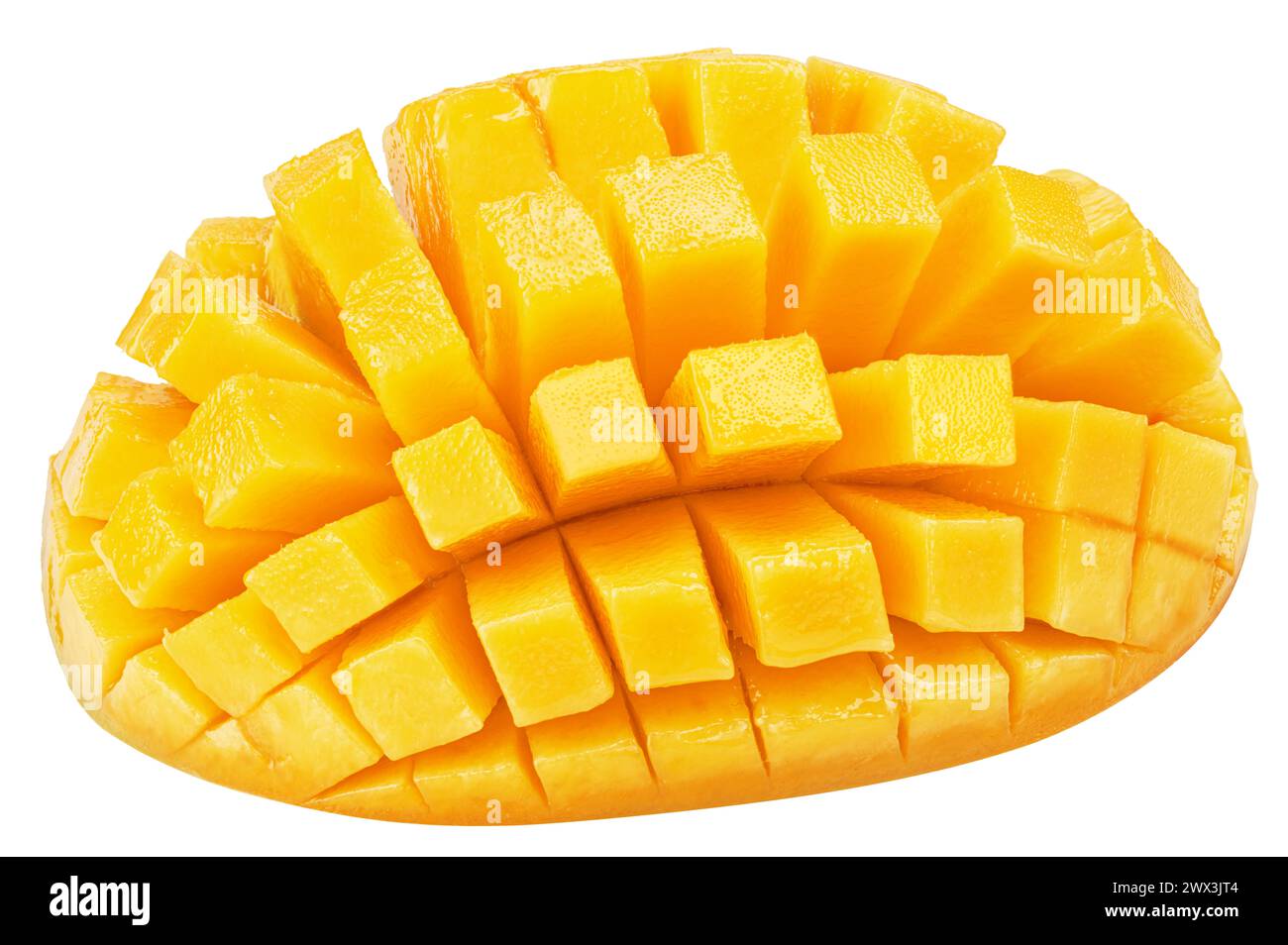 Half of mango fruit cut in hedgehog style on white background. File ...