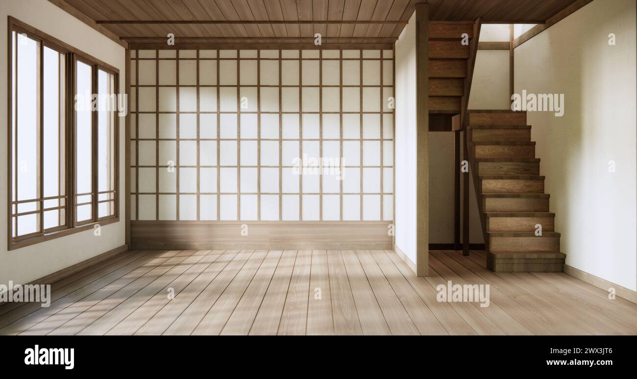 stairs wooden in muji room with white wall with wood wall design Stock ...