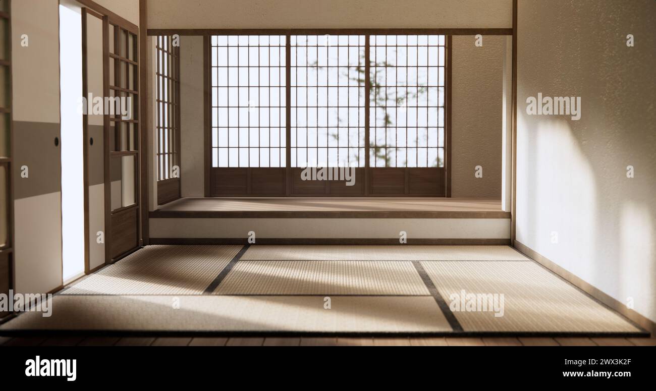 Nihon room design interior with door paper and tatami mat floor room ...