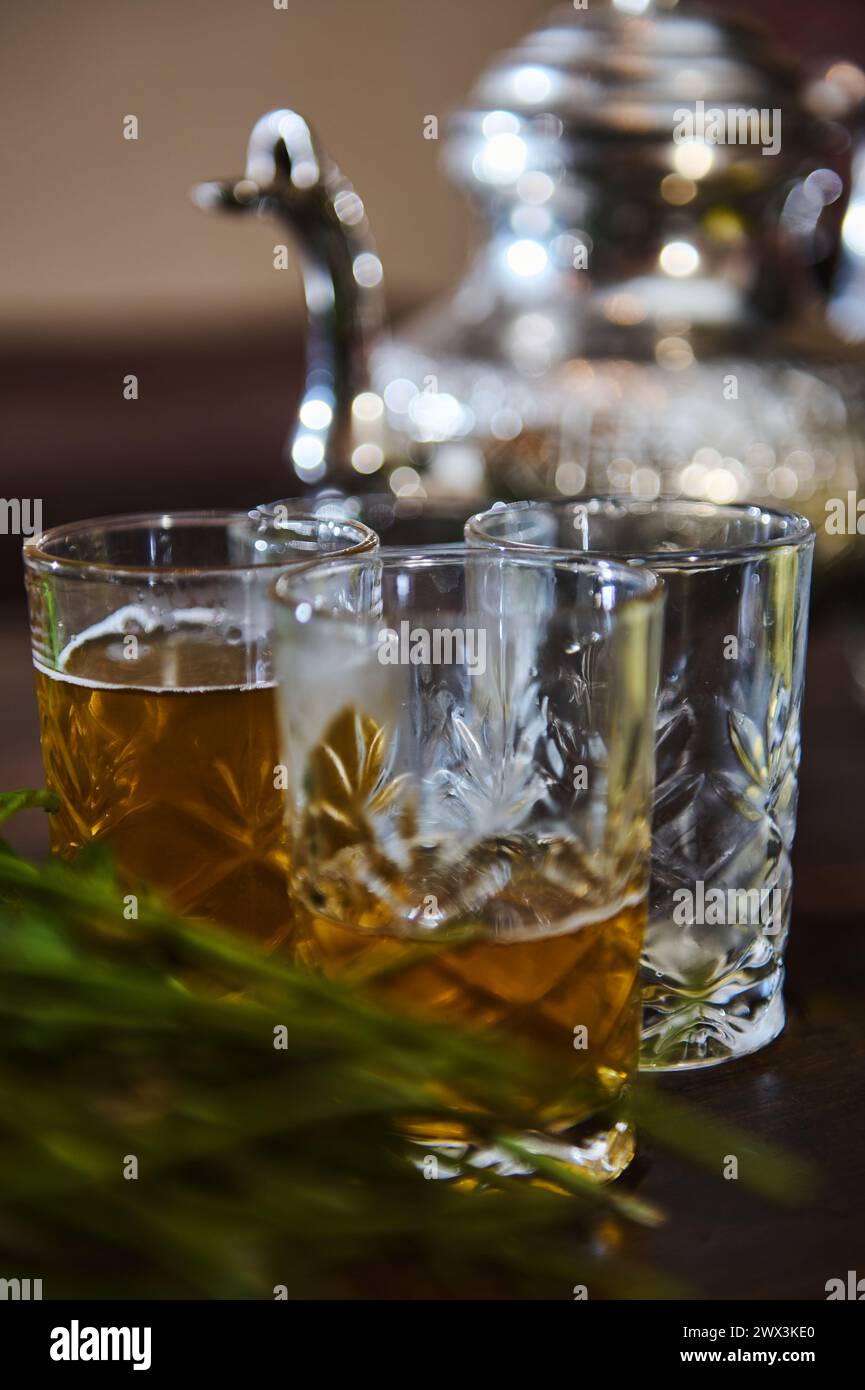 Close-up. Drinking glasses with traditional North African tea and ...