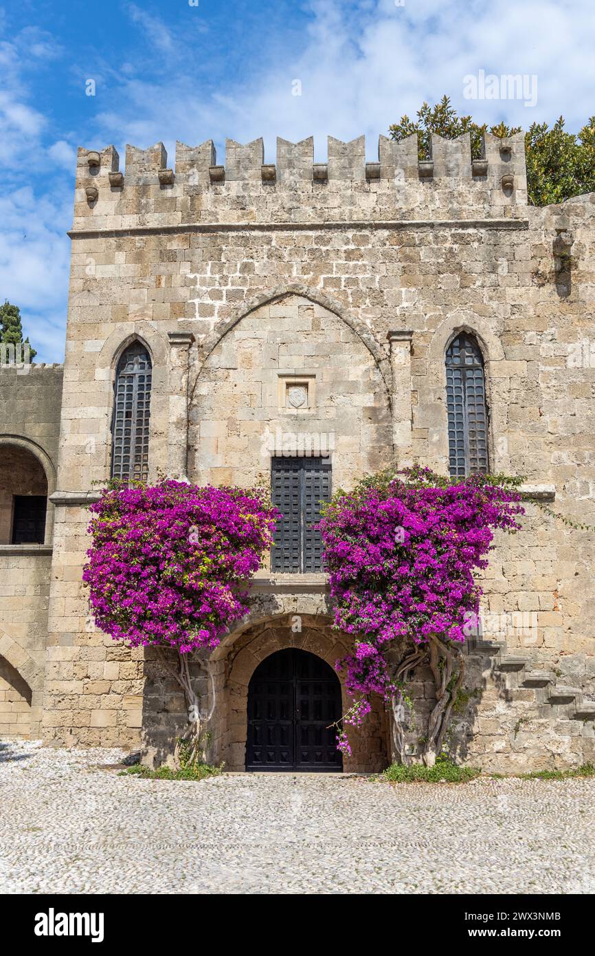 Two blooming trees with purple flowers by stone wall and doorway in old ...