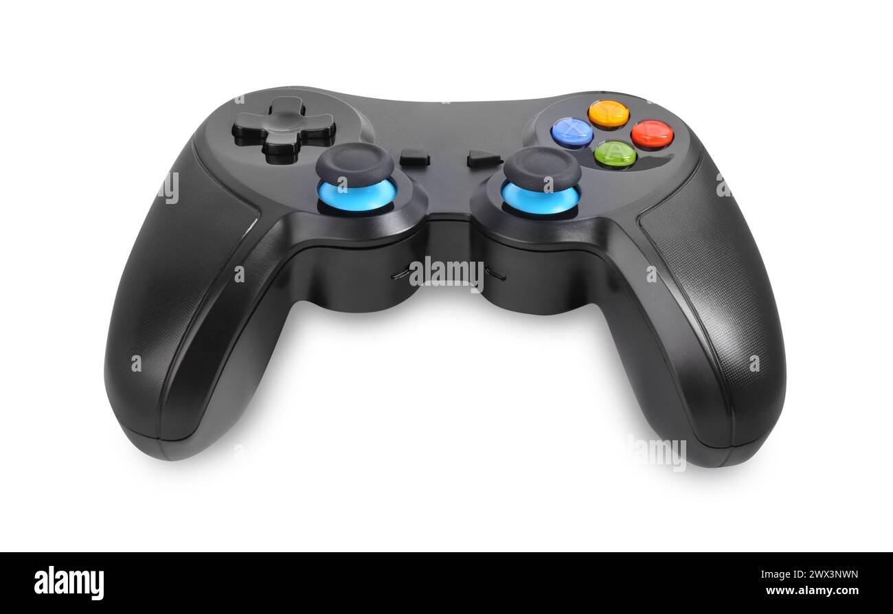 Black wireless controller on white background. Video game device Stock ...