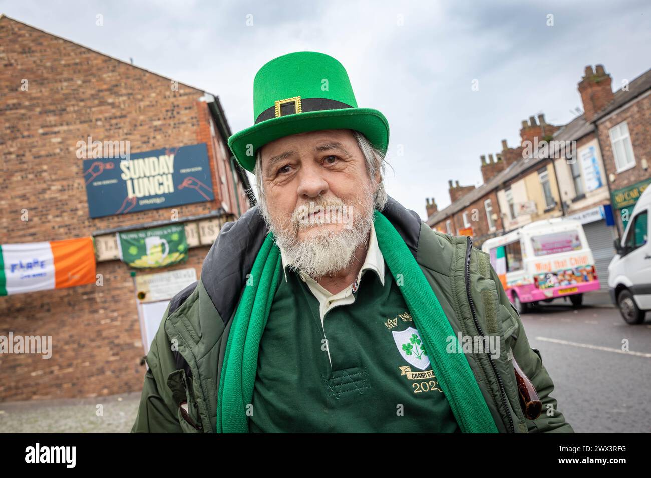Bearded gentleman in green with green leprechaun hat on St Patrick's ...