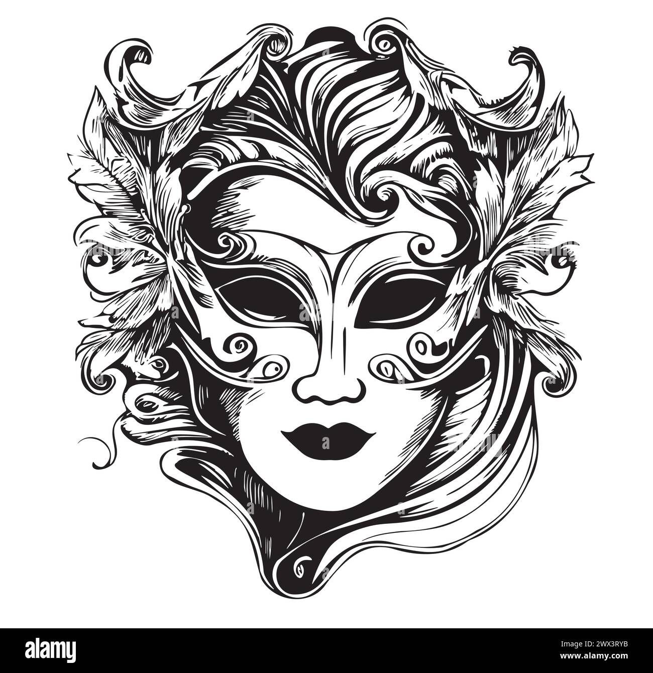 Hand drawn carnival vector mask in line art style isolated on white ...