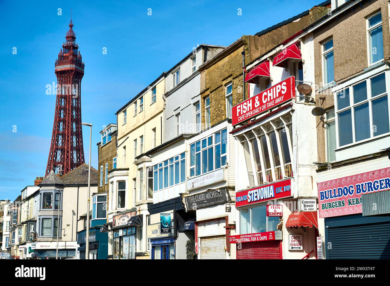 Blackpool Tower and fish and chips shop on the town's Central Drive ...