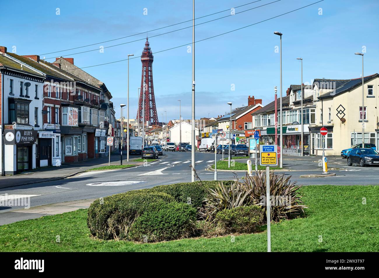 View down Central Drive from Revoe to Blackpool Tower Stock Photo - Alamy