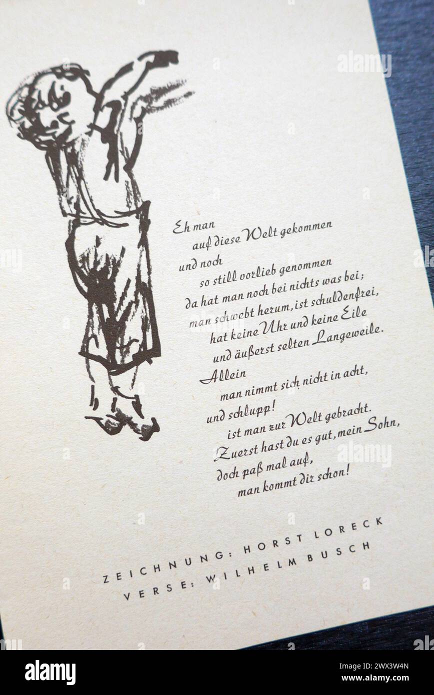 Loses Blatt aus den 1950er Jahren mit Gedicht von Wilhelm Busch und ...