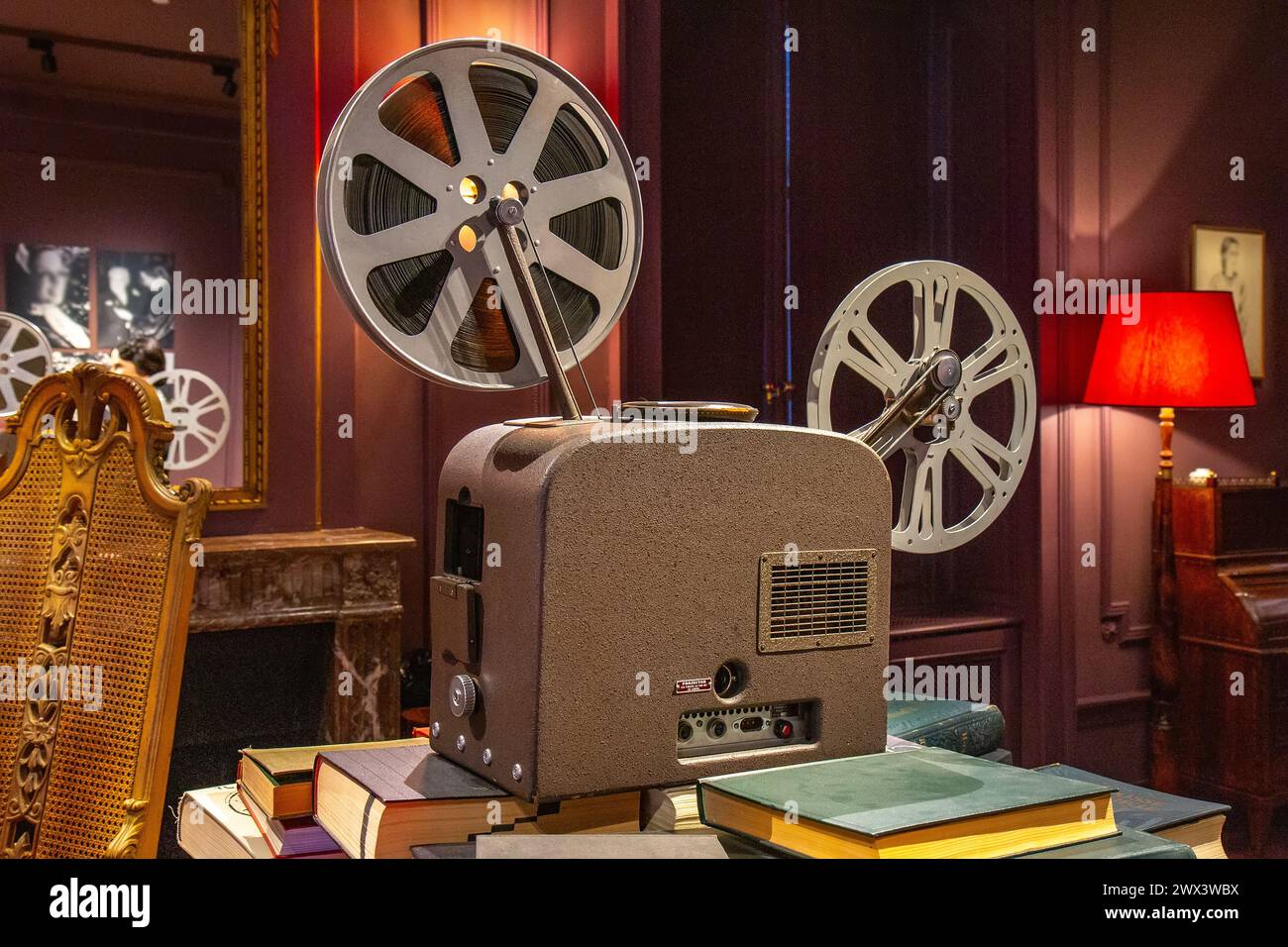 Vintage old projector with tape in the dark room in the house Stock ...