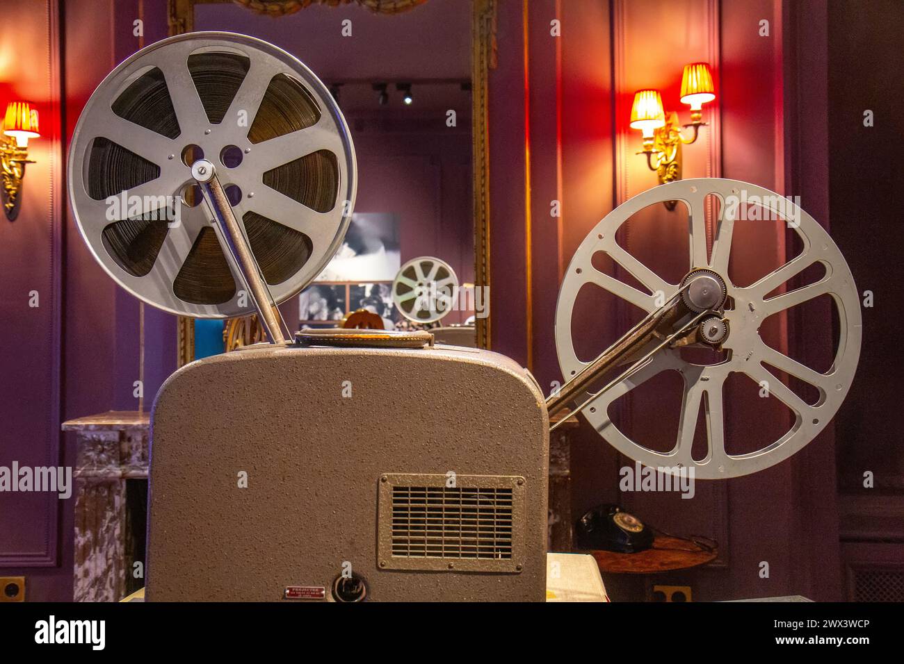 Vintage old projector with tape in the dark room in the house Stock ...