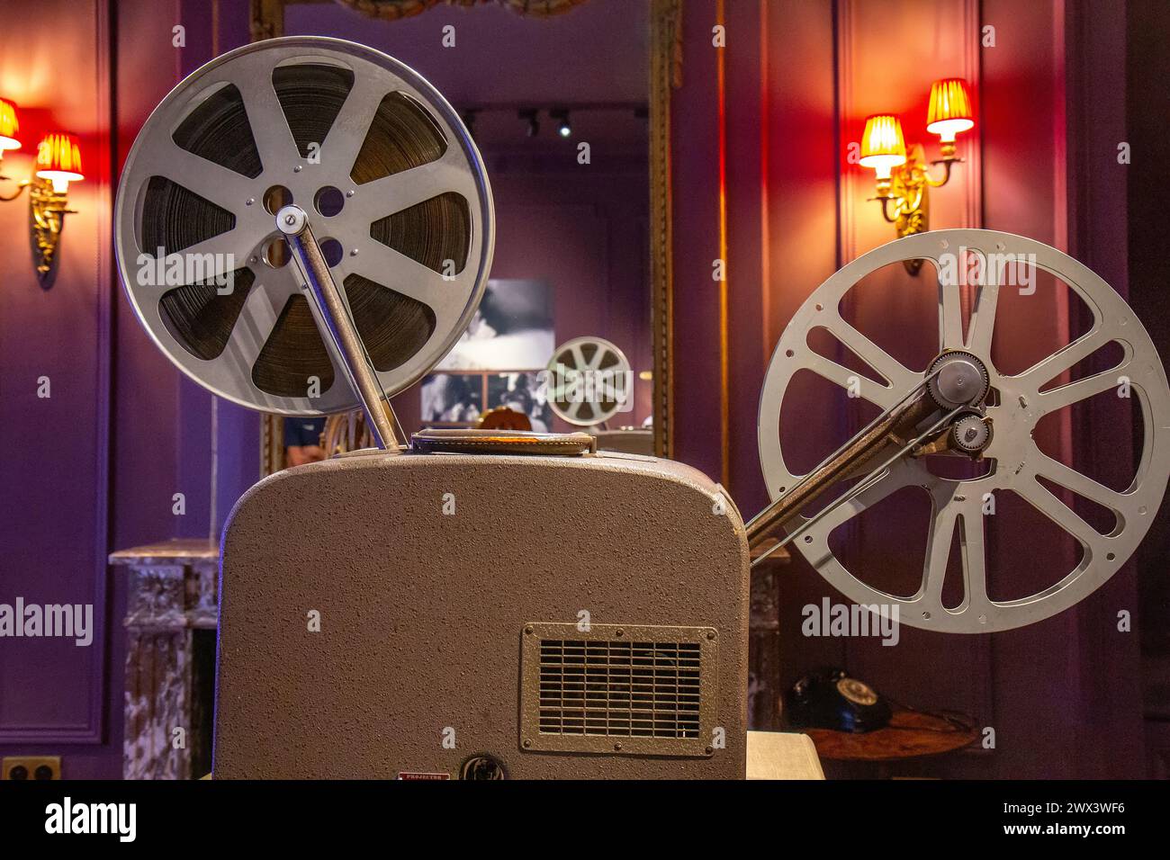 Vintage old projector with tape in the dark room in the house Stock ...
