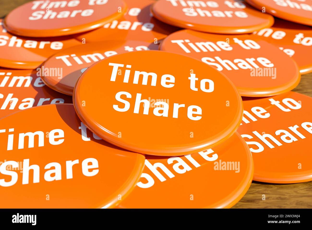 Time to share. Time to share. Orange badges laying on the table with ...