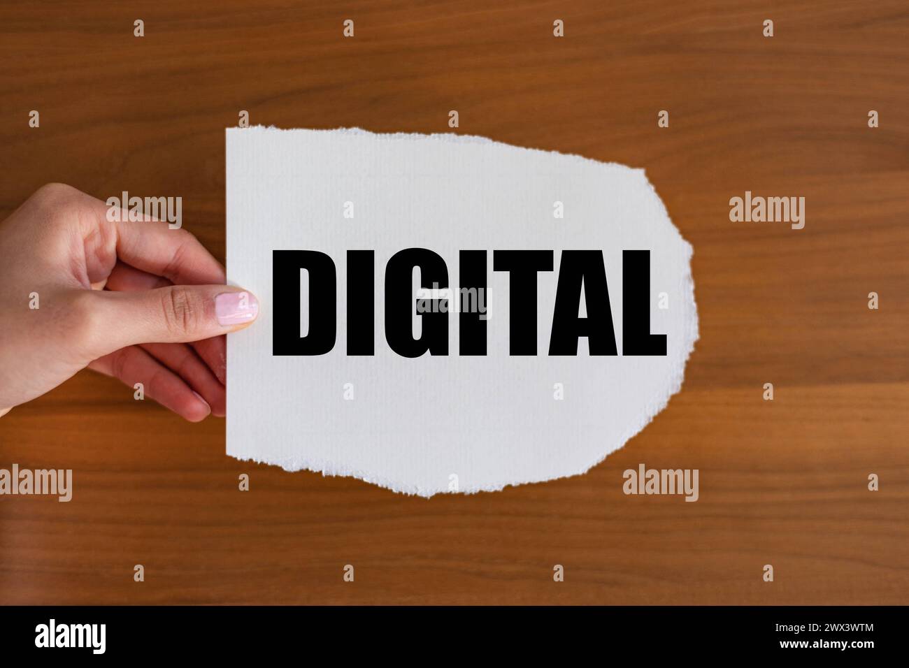 Digital Digital. Woman hand holds a piece of paper with a note, digital ...