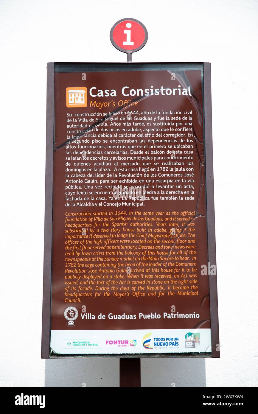 GUADUAS, COLOMBIA - JANUARY 12, 2024: Information sign at the ...