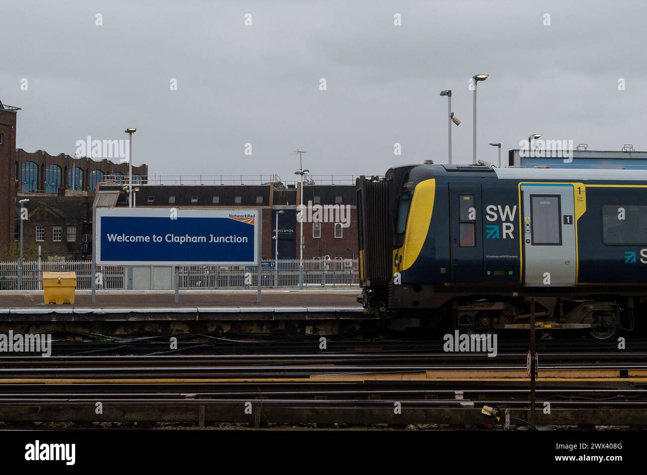 Clapham Junction, London, UK. 27th March, 2024. A South Western Railway train at Clapham ...