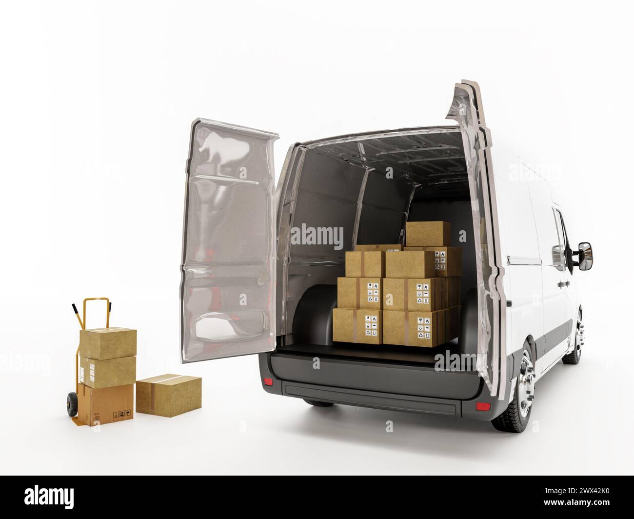 3D rendering of white delivery van loaded with cardboard parcels on ...