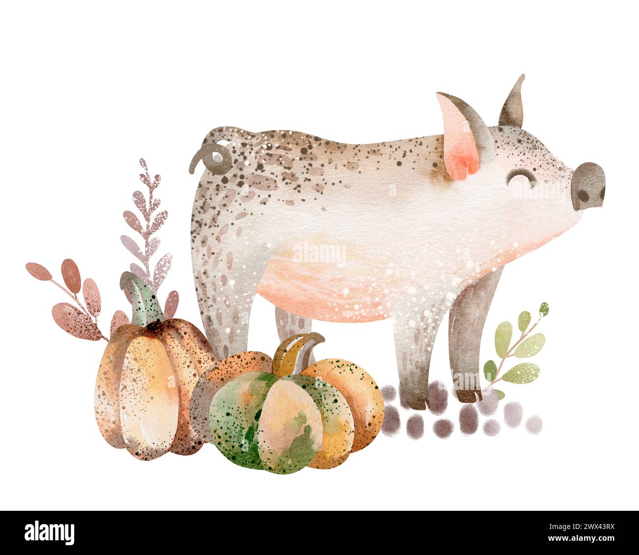 Watercolor farm animal. Cartoon cute piglet. Pig with pumpkins on a ...