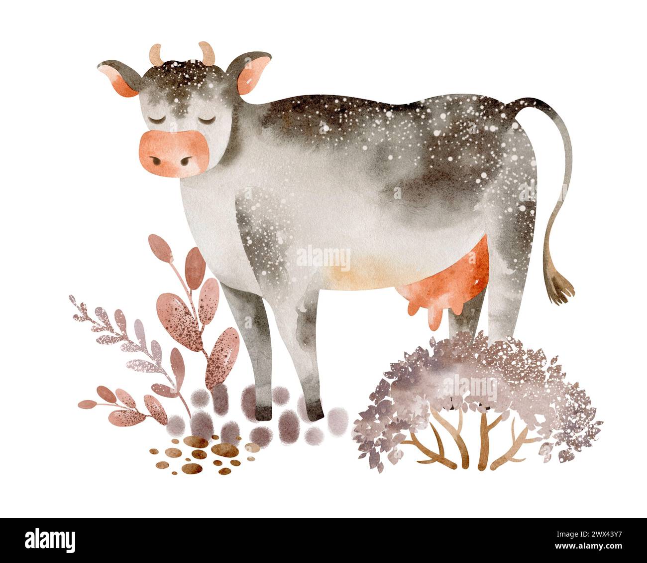 Cute farm animal. Watercolor illustration of a cartoon cow. Cattle ...