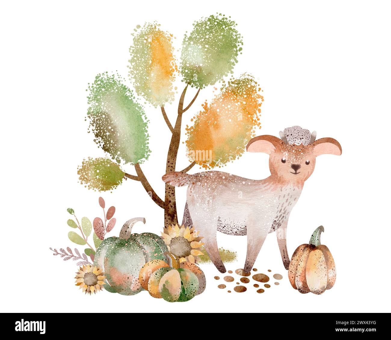 Watercolor farming animal lamb. Cartoon cute sheep. Livestock with ...