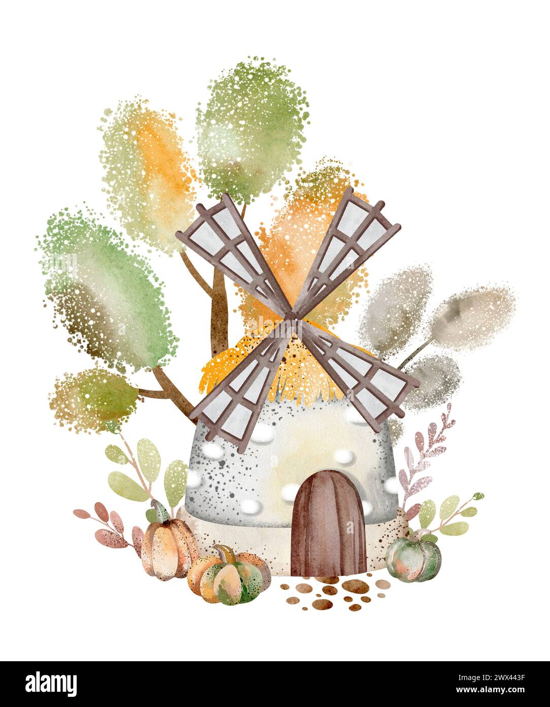 Windmill watercolor illustration. Cartoon will of rustic nature. The ...
