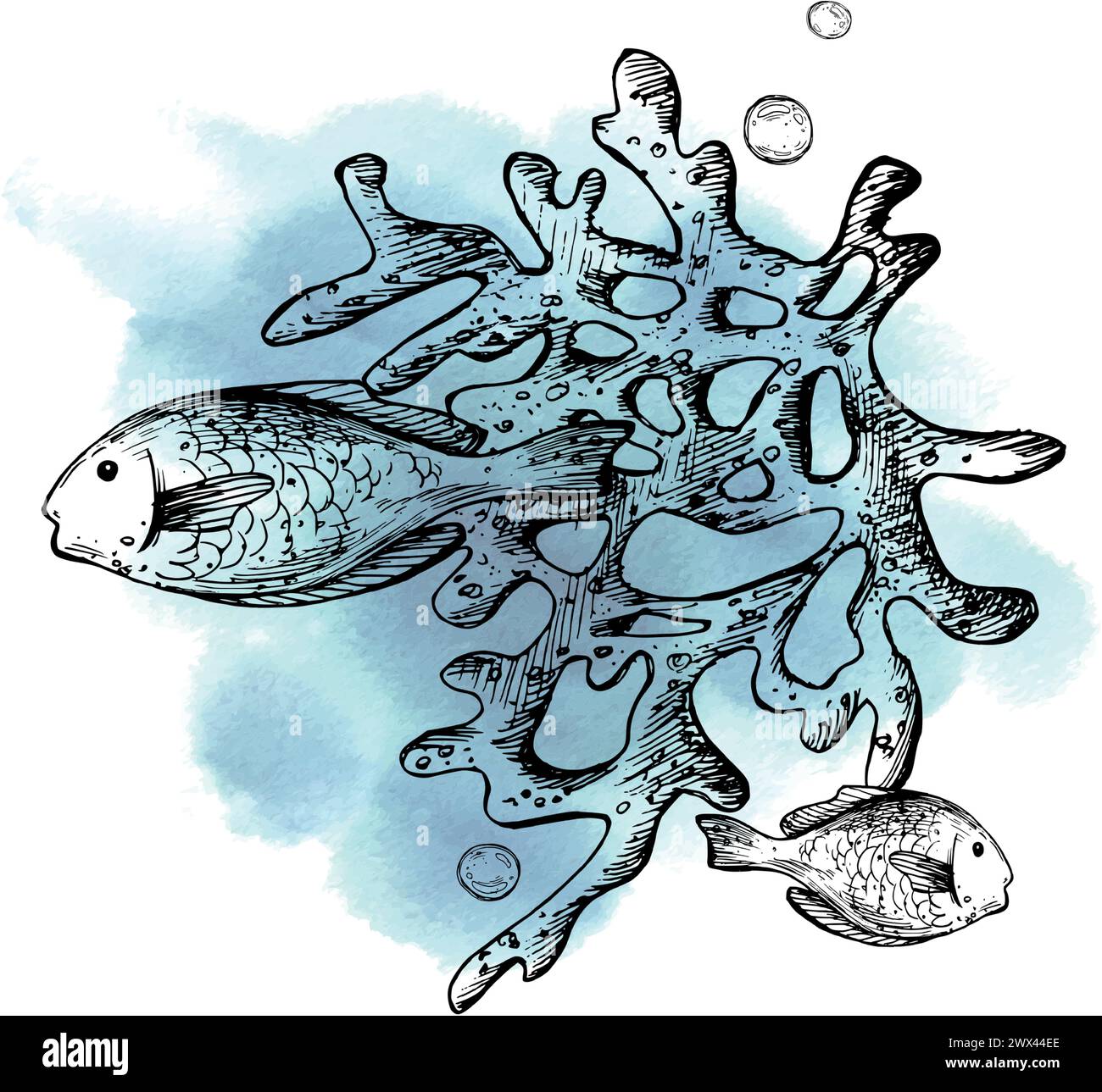 Underwater world clipart with sea animals fishes coral and bubbles ...