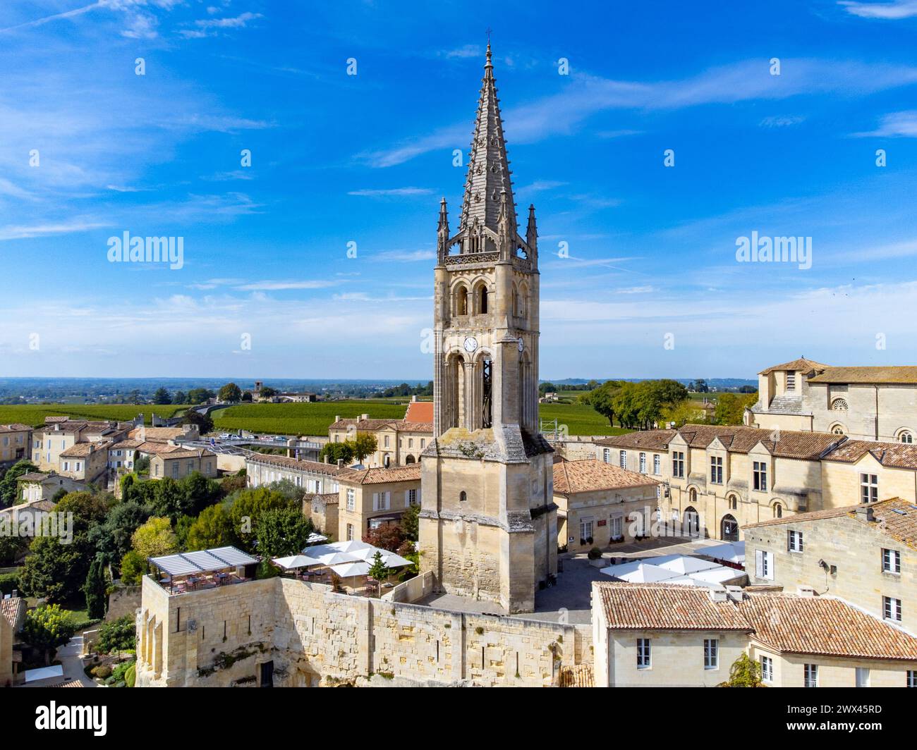 Aerial views of green vineyards, old houses and narrow hilly streets of ...